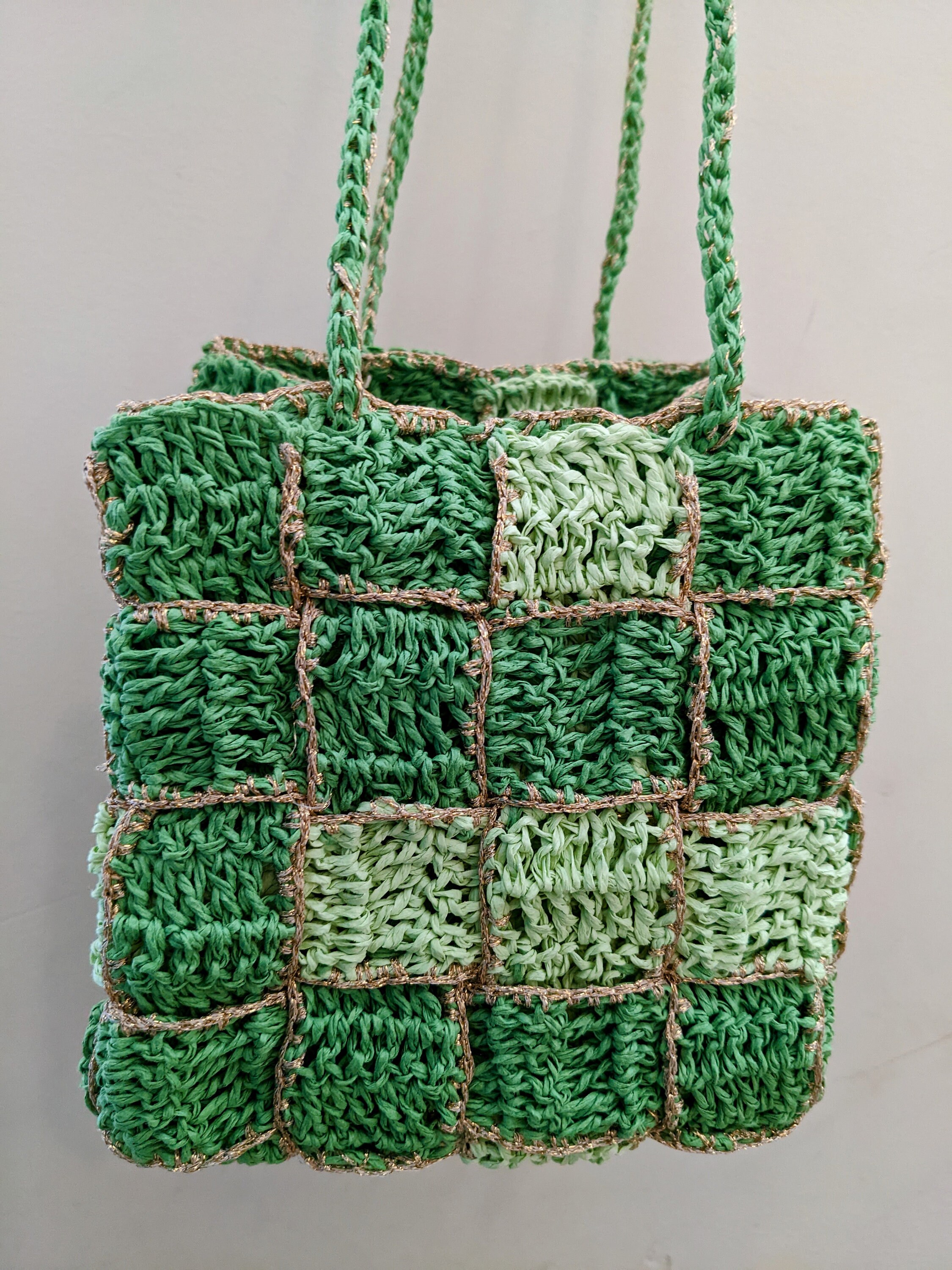 Raffia Green Braided Bucket Bag With Gold Trim, Braided Bag, Bicolor ...