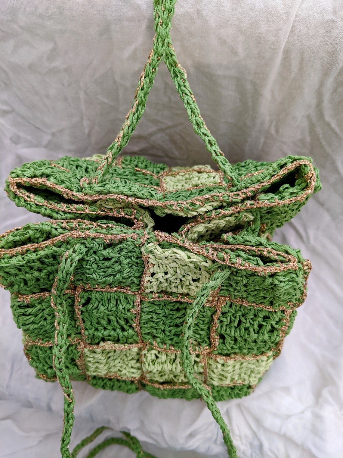 Raffia Green Braided Bucket Bag With Gold Trim, Braided Bag, Bicolor ...