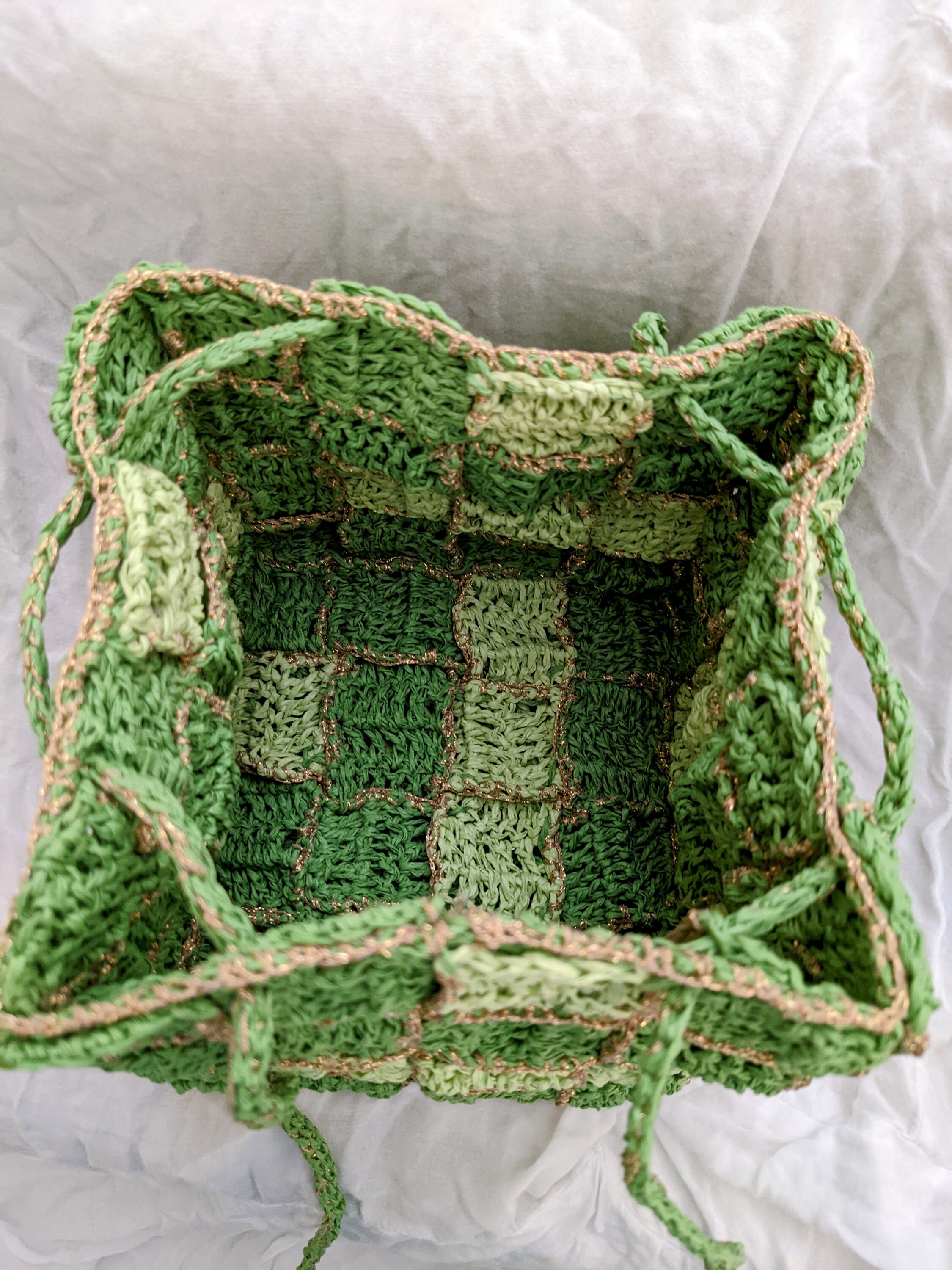Raffia Green Braided Bucket Bag With Gold Trim, Braided Bag, Bicolor ...