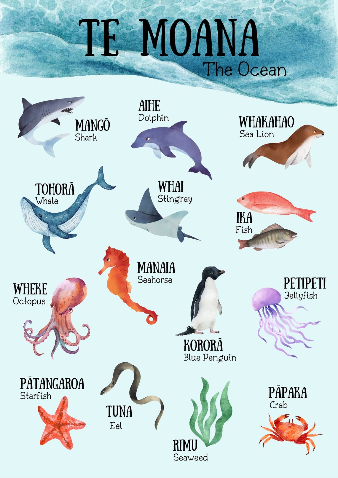 Ocean Animals Poster in Te Reo Maori & English Kids | Etsy