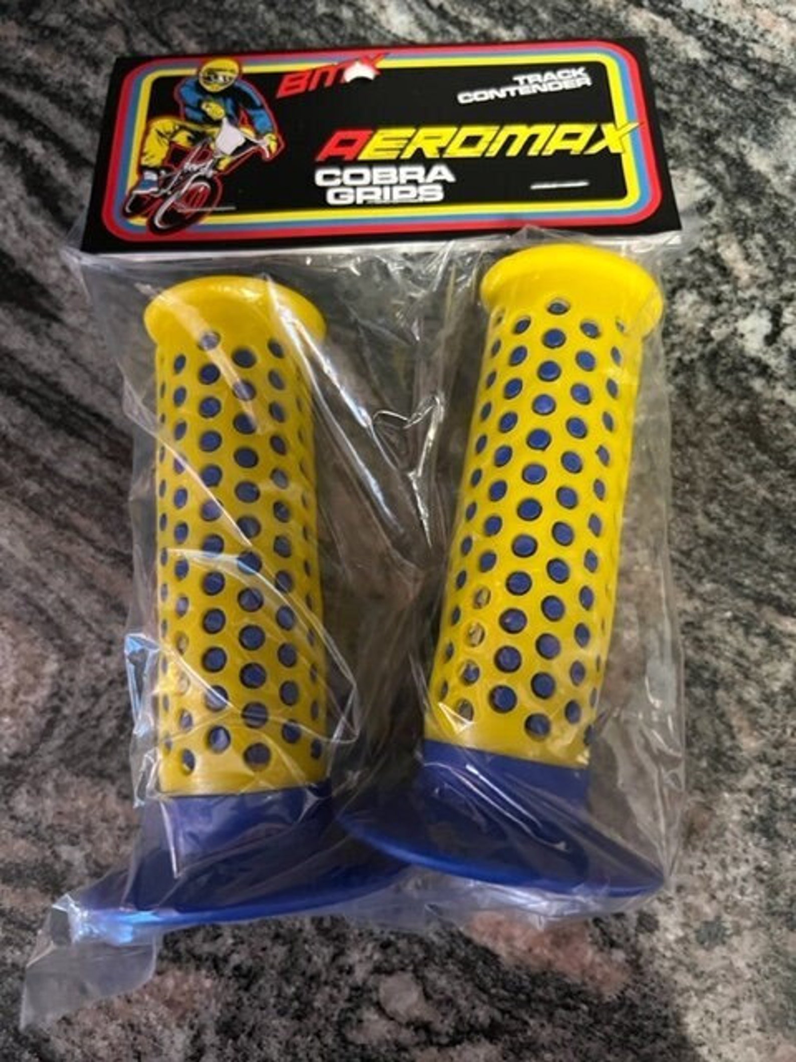 Old School BMX Aeromax F1 Style Grips Blue / Yellow Fits GT, Mongoose ...