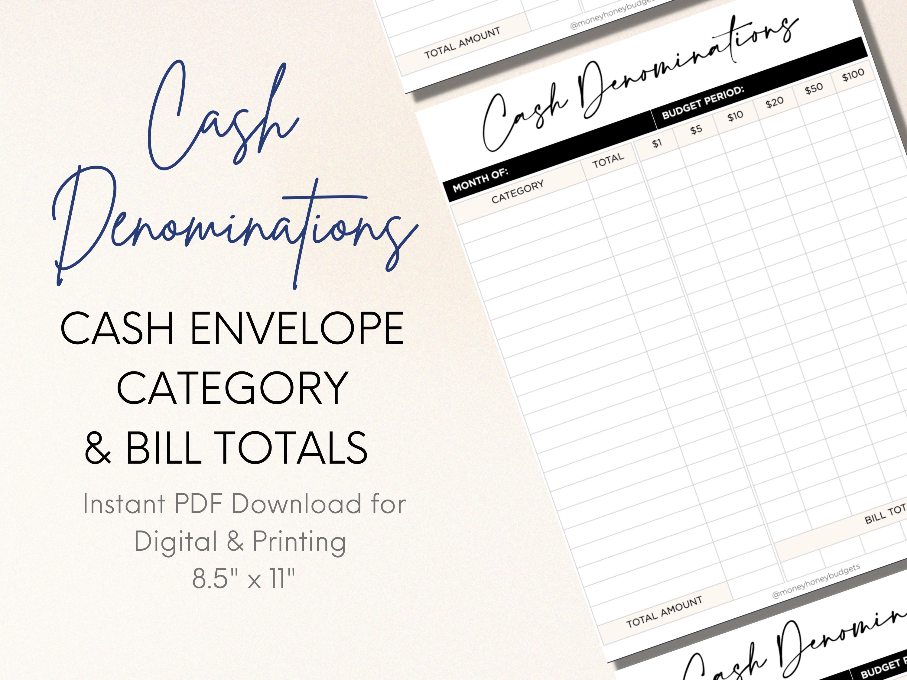 Digital & Printable Cash Denomination Breakdown Tracker | Cash Envelope ...