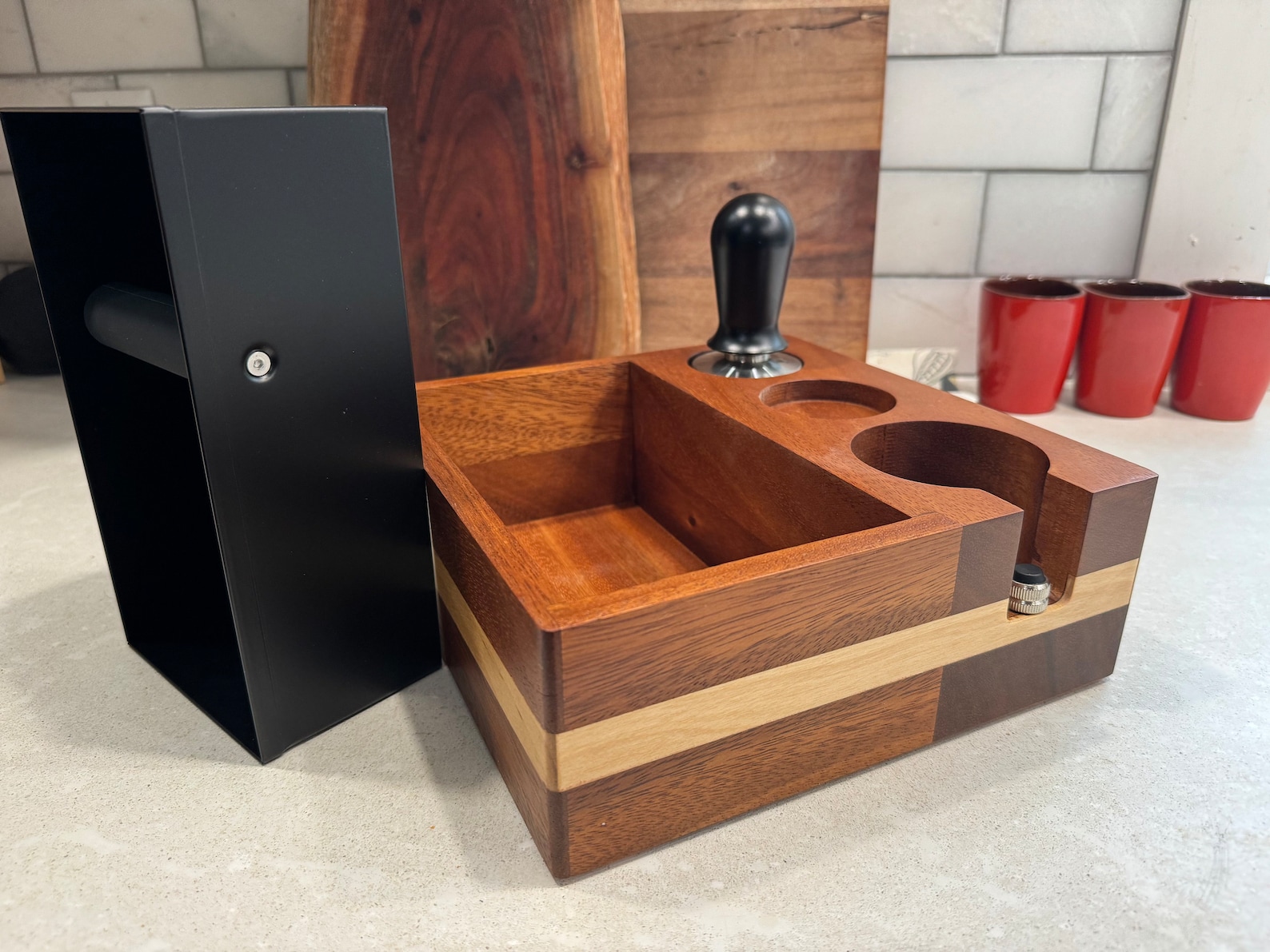 Wooden Espresso Tamp Station Knock Box With Removable Metal Basket for ...