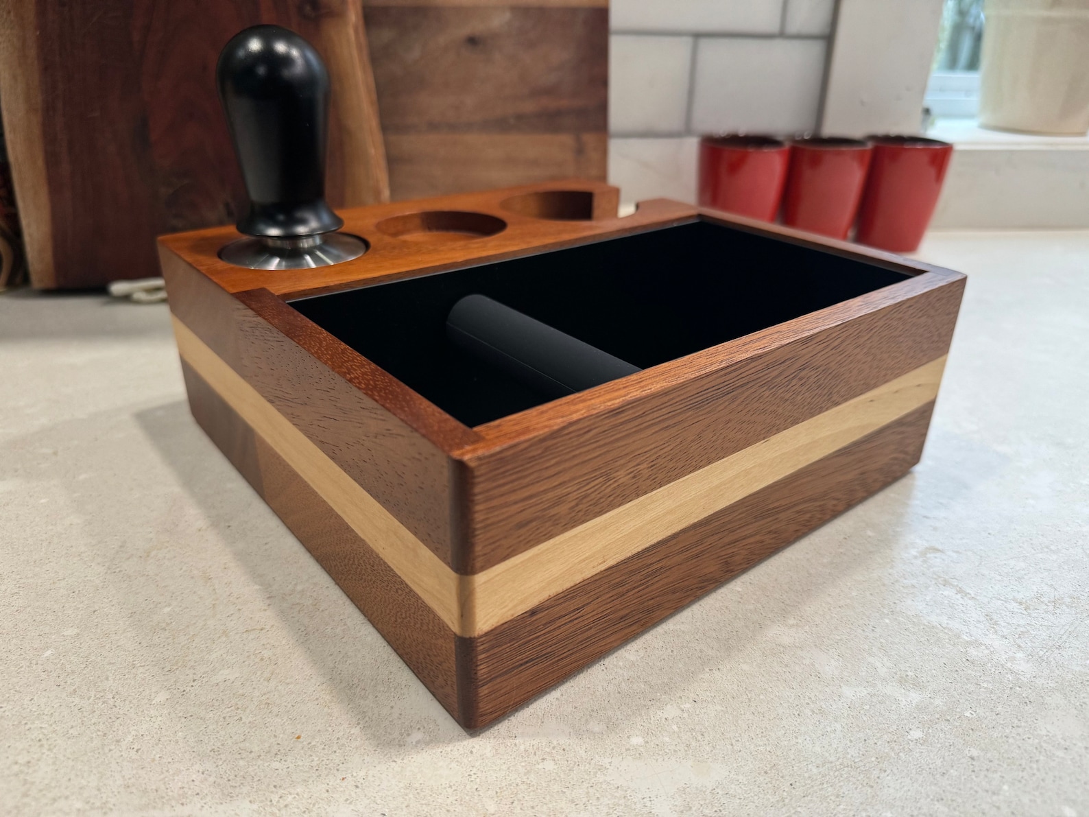 Wooden Espresso Tamp Station Knock Box With Removable Metal Basket for ...