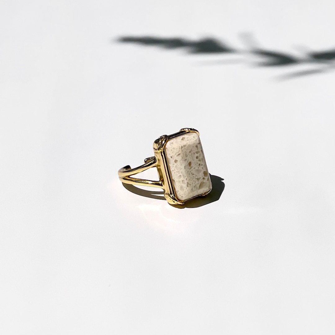 Natural White Marble Ring, 18K Yellow Gold Plated Sterling Silver ...