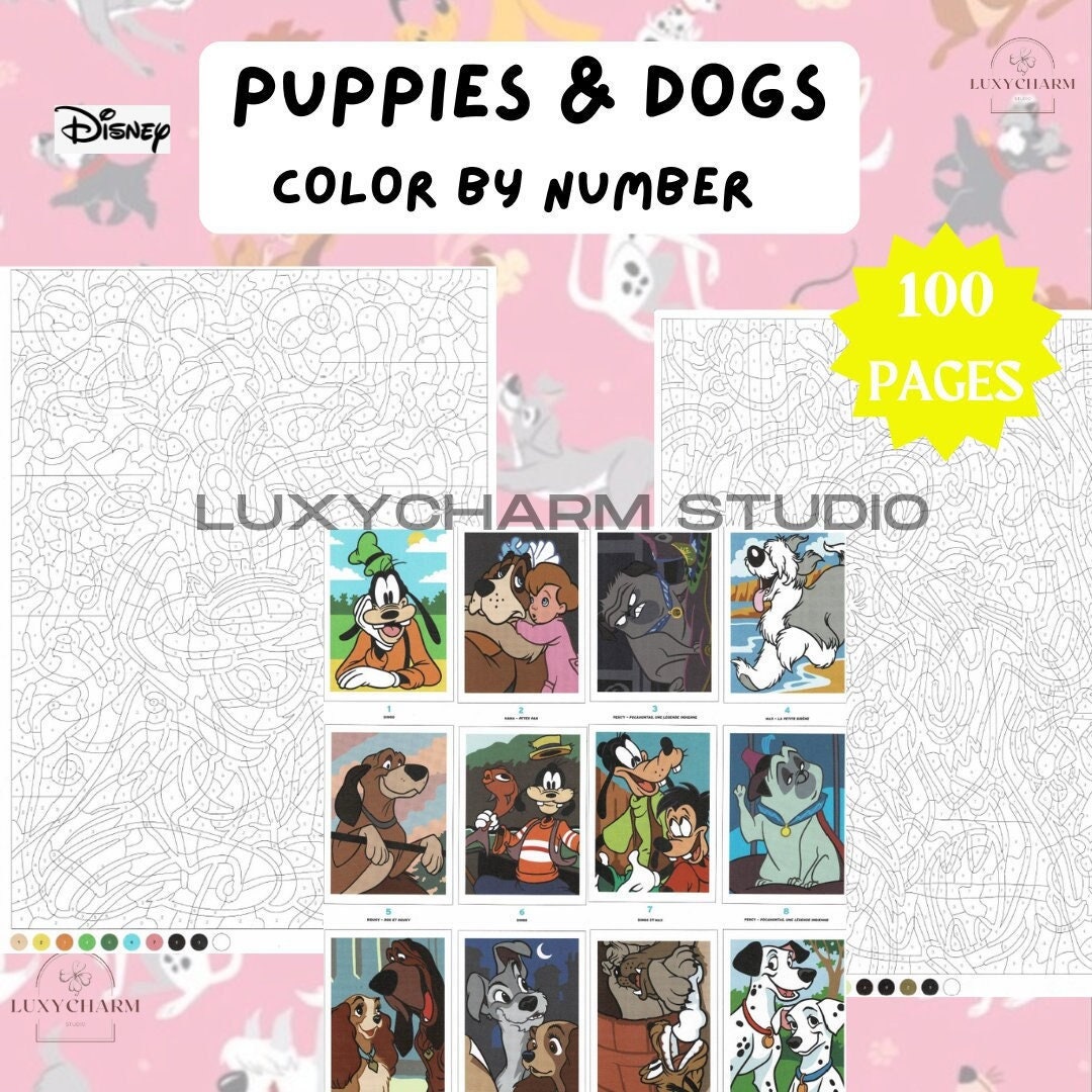 100 Pages Color by Number Puppies & Dogs Portraits Favorite Movies ...