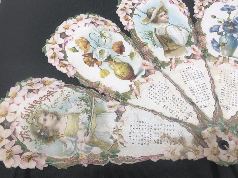 Antique 1903 Sunbeam Calendar Paper Fan Floral Women Advertising 1/1 on ...