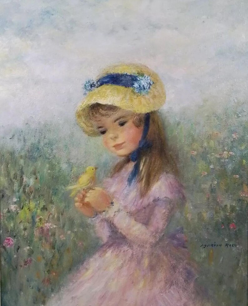 Antique Marion Rice Young Girl Bird Oil Painting on Canvas Signed 1/1 ...