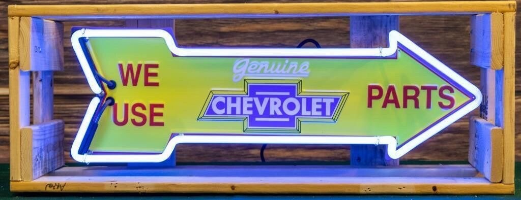 Vintage We Use Chevy Chevrolet Parts Arrow Neon Sign in Crate 26”x9”x6 ...
