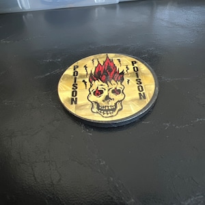 ONE Vintage Pog Slammer Holographic Skull Eight Ball Poison Gold Red ...