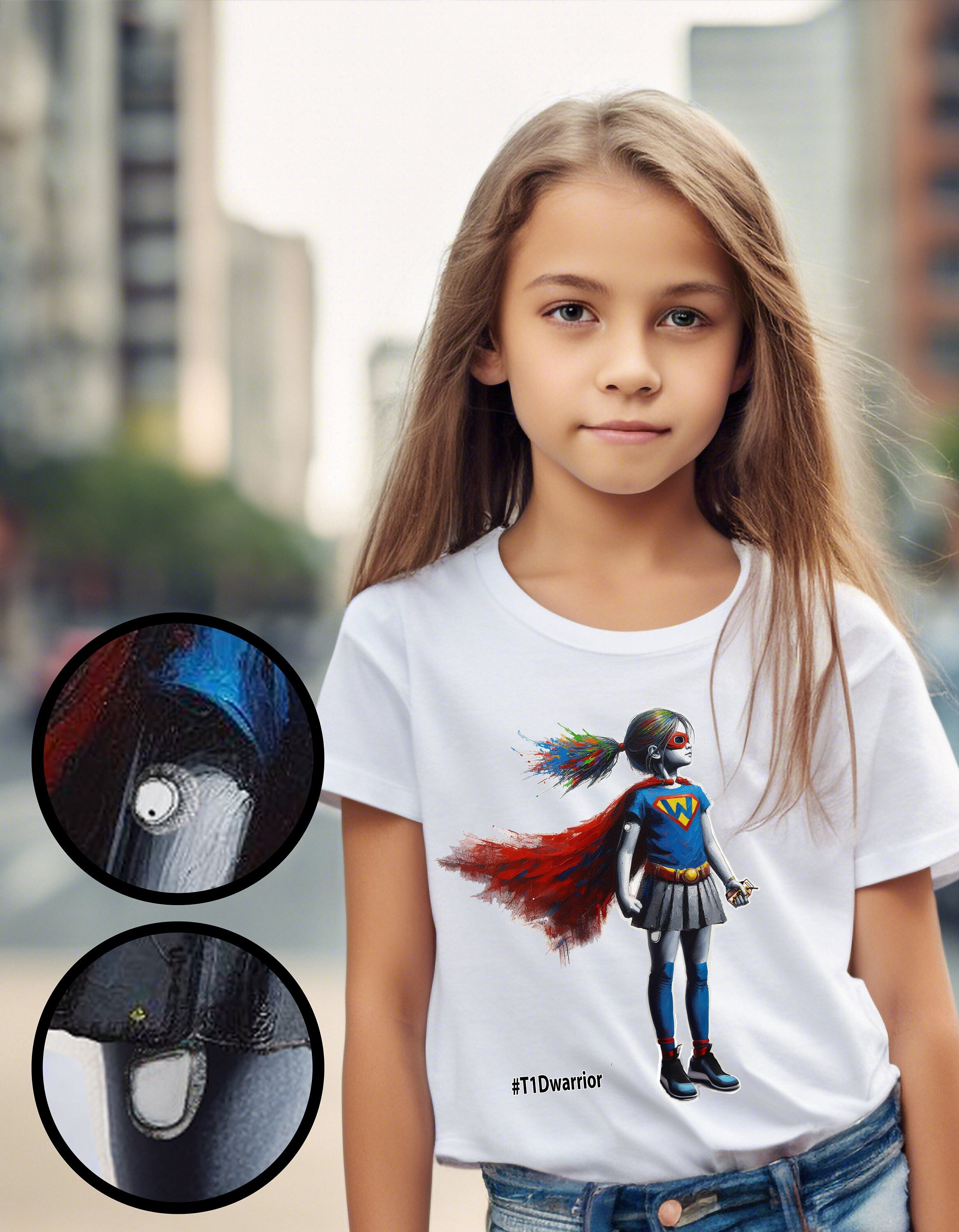 Type 1 Diabetes T-shirt for Kids: T1D Warrior Superhero Girl Wears CGM ...