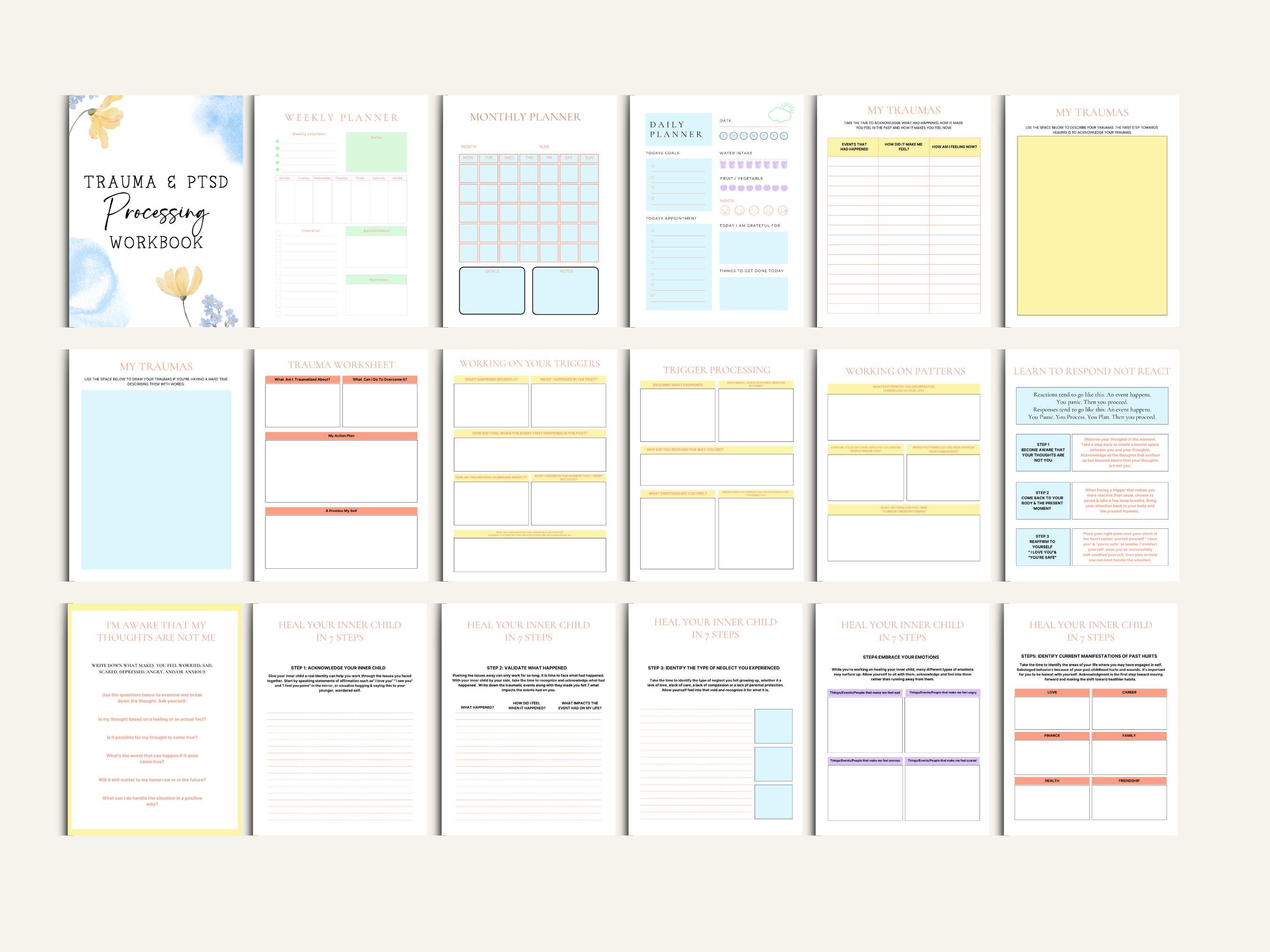 EDITABLE PTSD & Trauma Processing Worksheets Workbook Therapy Safety ...