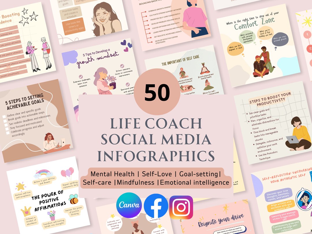50 Life Coach Mental Health Social Media CANVA Templates | IG FB Posts ...