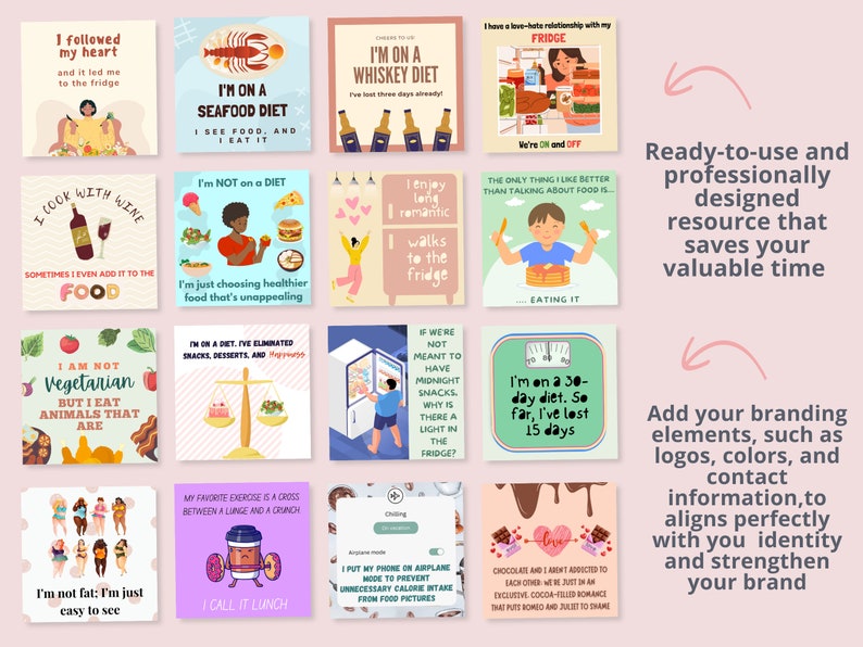 50 Funny Food Exercise Diet Quotes | Social Media CANVA Templates | IG ...