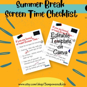 Screen Time Chore Chart for Kids, Summer Break Rules, Kid’s Routine ...