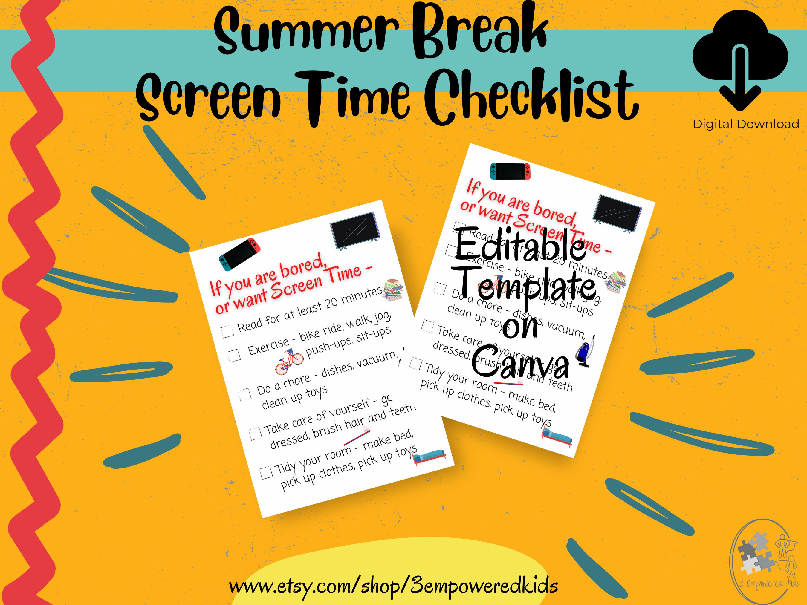 Screen Time Chore Chart for Kids, Summer Break Rules, Kid’s Routine ...