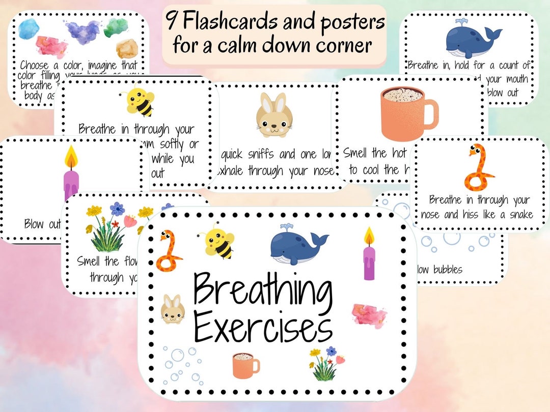 Breathing Exercise Flash Cards: Calm Down Kit for Students (digital ...
