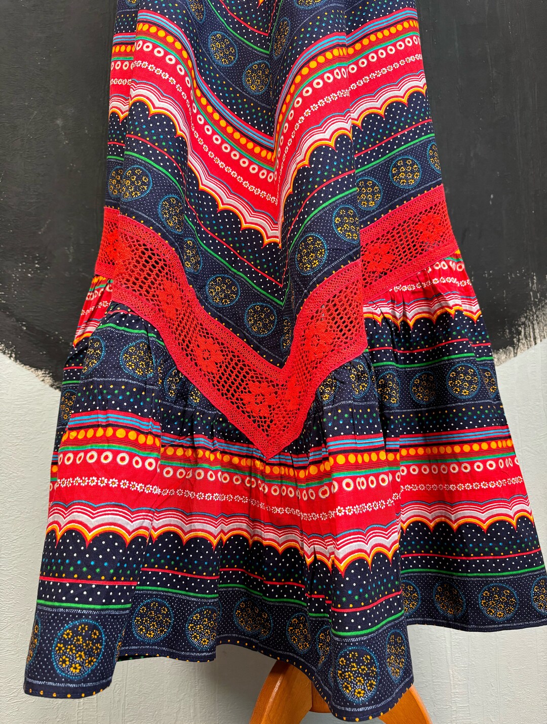 70s Vintage German Red Lace Hippie SKIRT Flower Polka Dot Red Blue ...