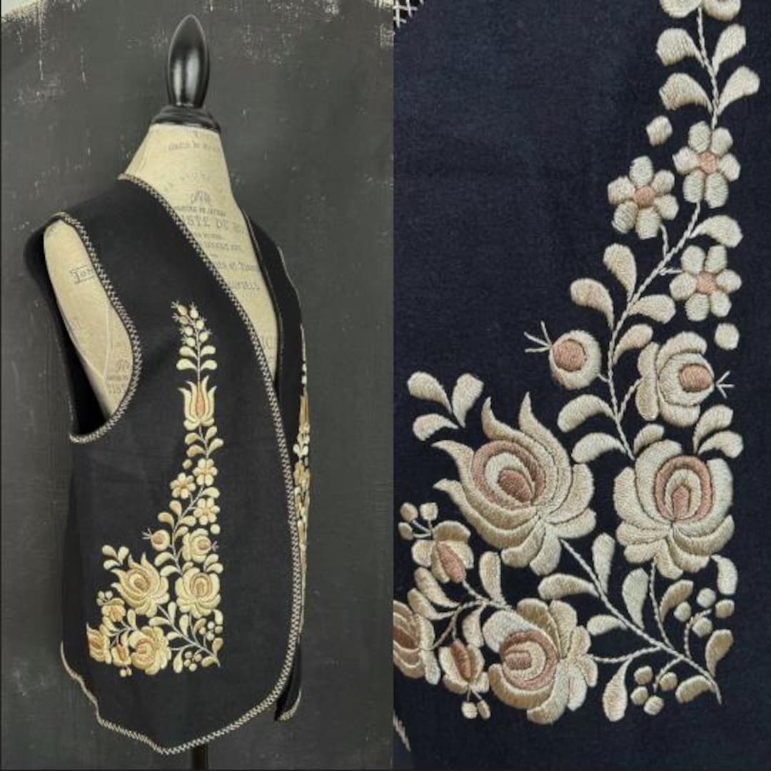 70s Hungarian Matyo Kalosca VEST Black Beige Hand Embroidered Flowers ...