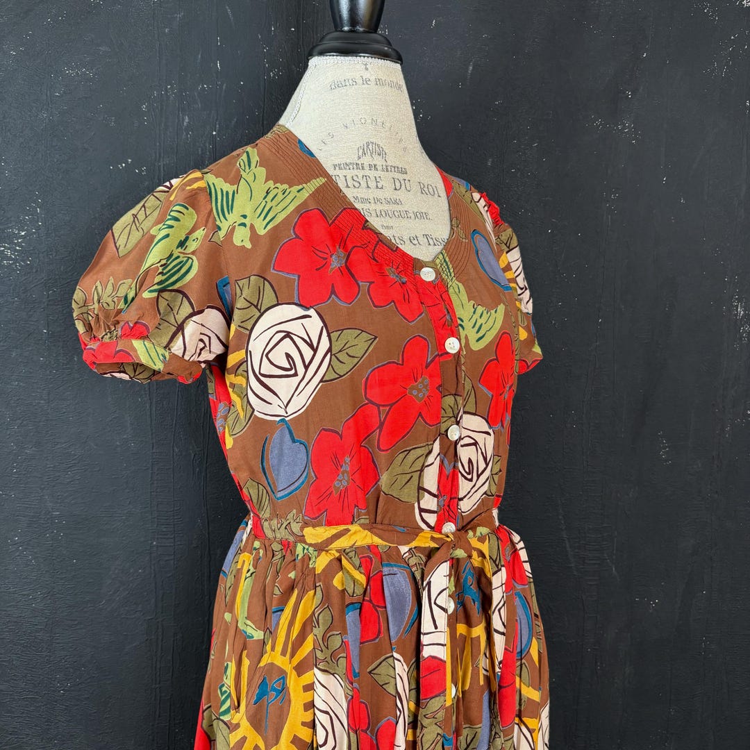 70s Rene Derhy Green Dove Sun Face Bird Red Heart Rose Flower DRESS ...