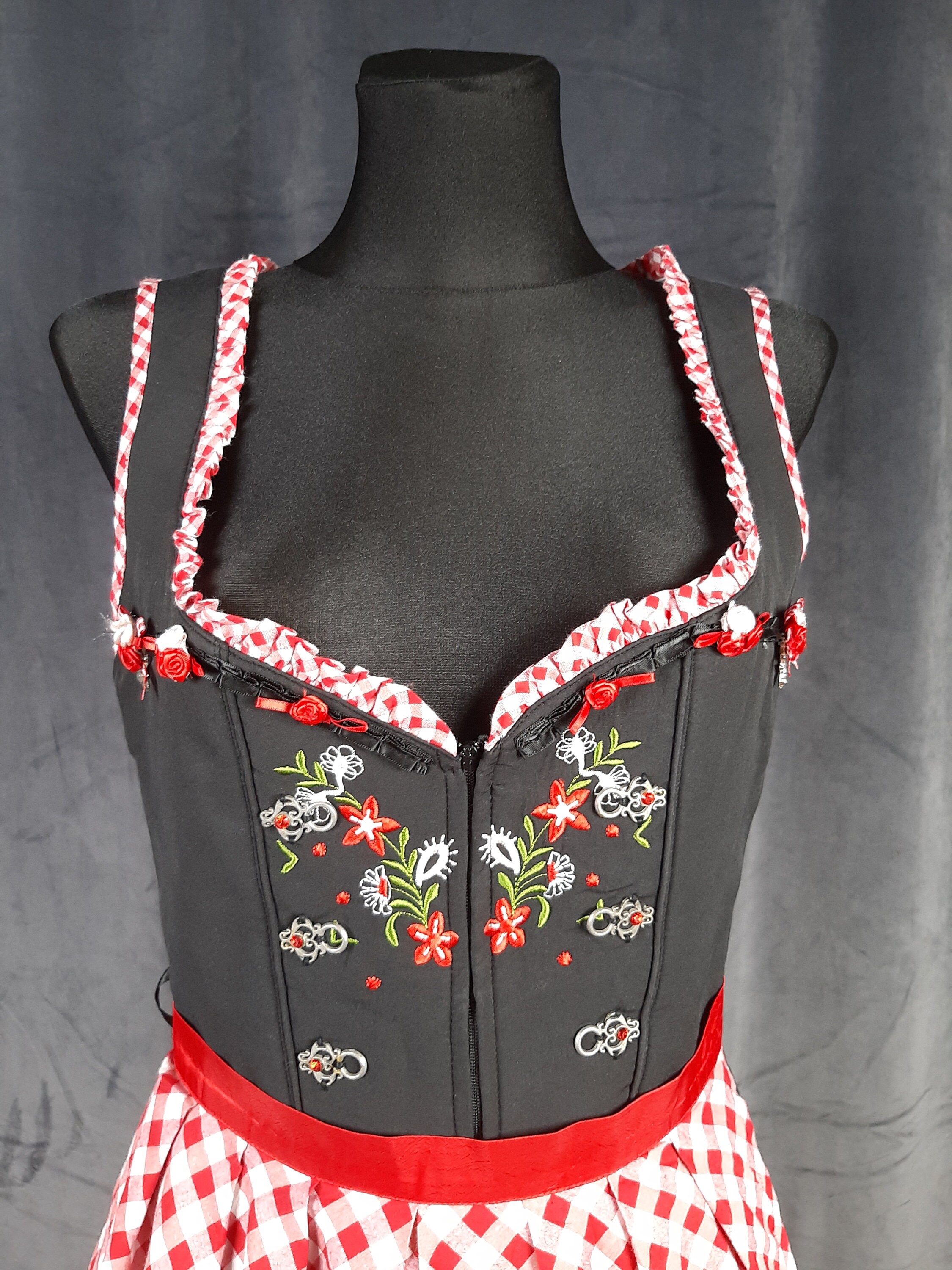 90s Gingham Dirndl DRESS Red Black Apron Vegan Flower Rose Cottagecore ...