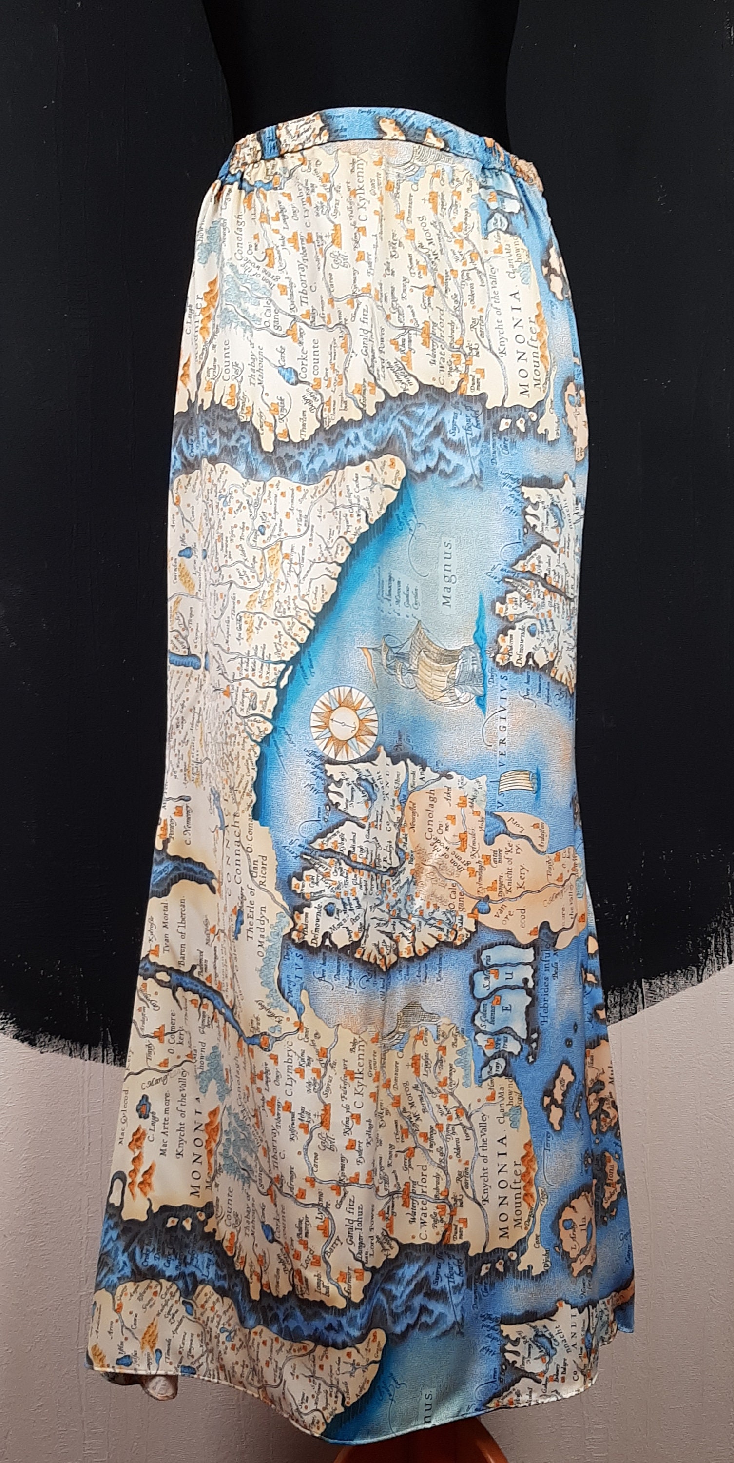Vintage 80s Nautical Map Print Skirt - Blue & Beige Sailing Ship ...