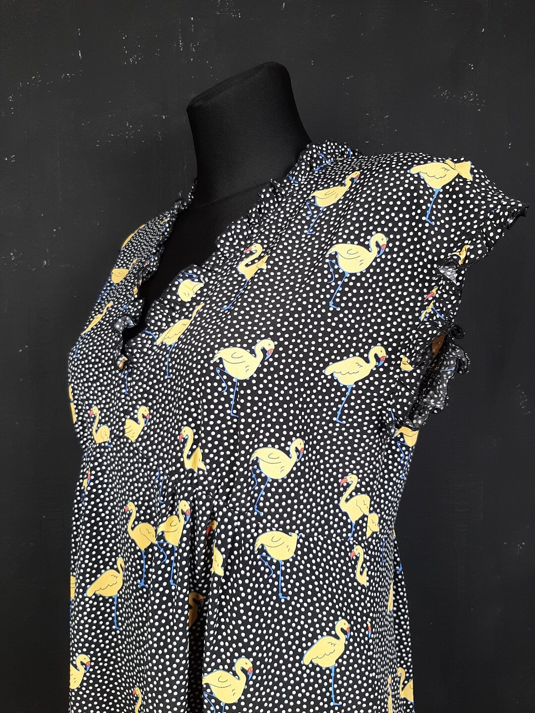 Yellow Flamingo Bird DRESS Polka Dot Black White Novelty Paris France ...