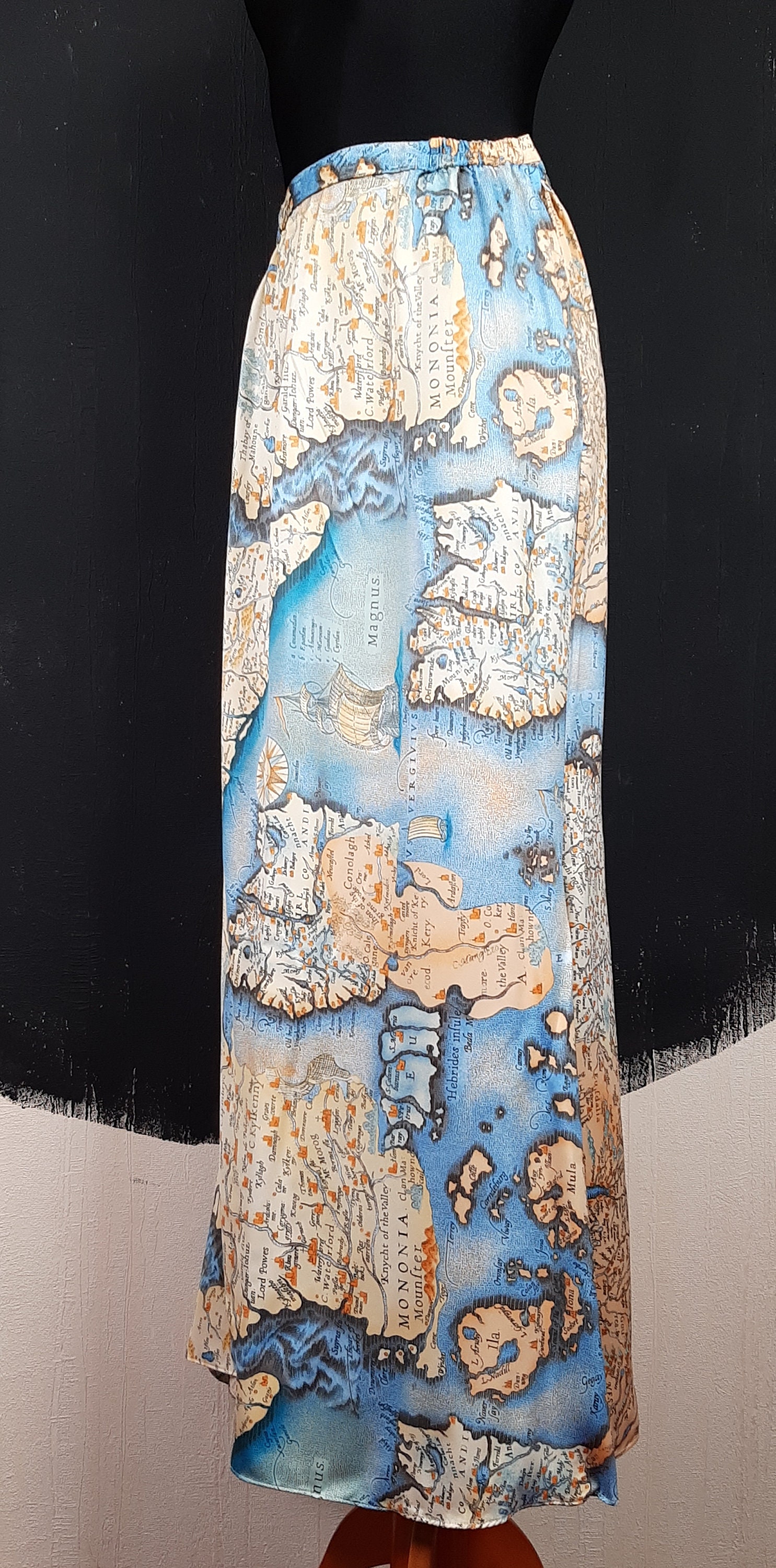 Vintage 80s Nautical Map Print Skirt - Blue & Beige Sailing Ship ...