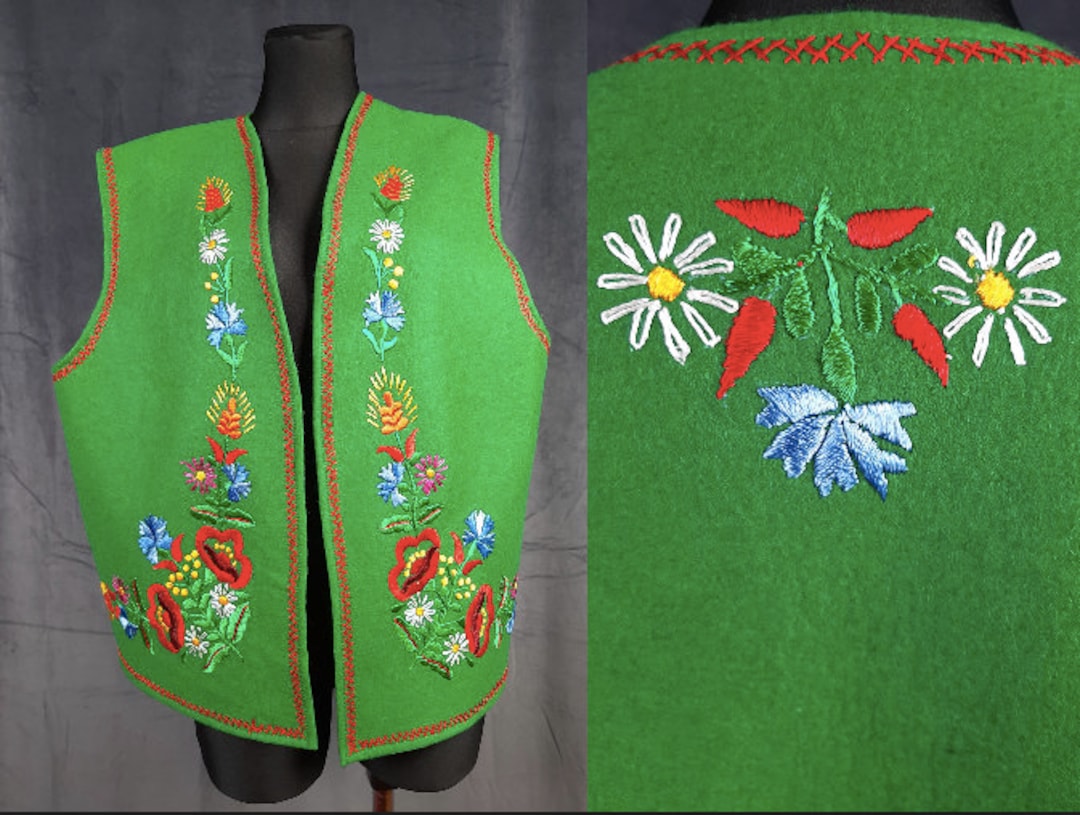 70s Hungarian Matyo Kalosca Felt VEST Bodywarmer Hand Embroidered Green ...