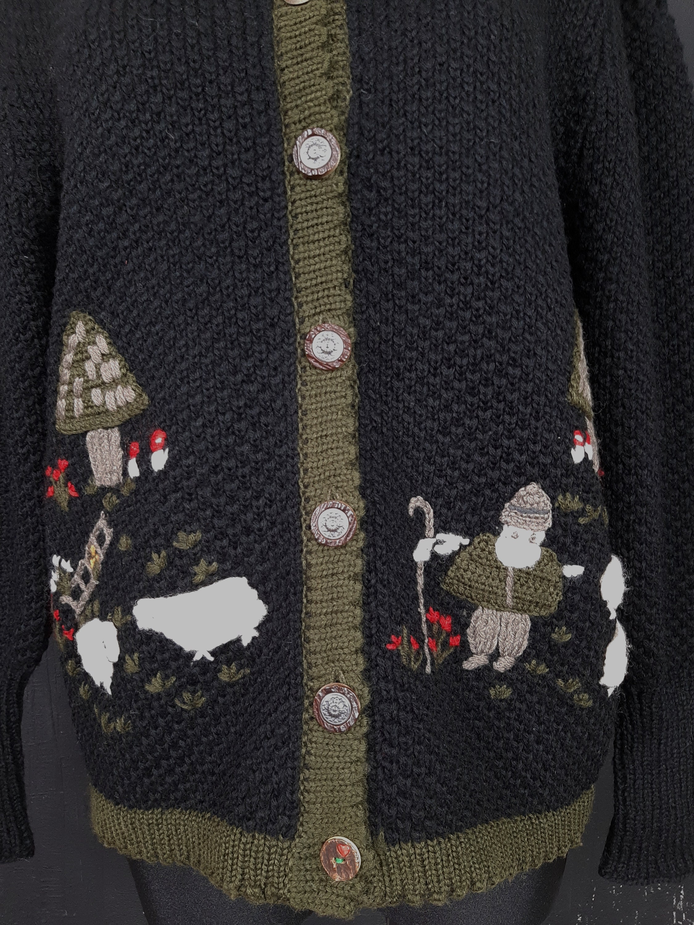 90s Dirndl Embroidered Mushroom Tree Knitted Wool CARDIGAN Sheep Animal Tree Toadstool Forest ...