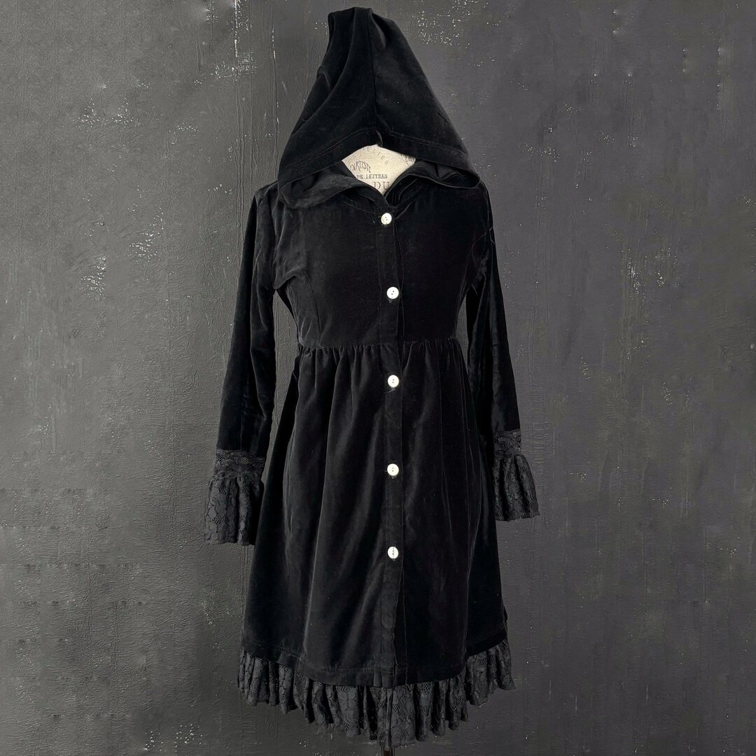 Black Lace Velvet Hood Hooded Cotton DRESS Party Vegan Romantic Boho ...