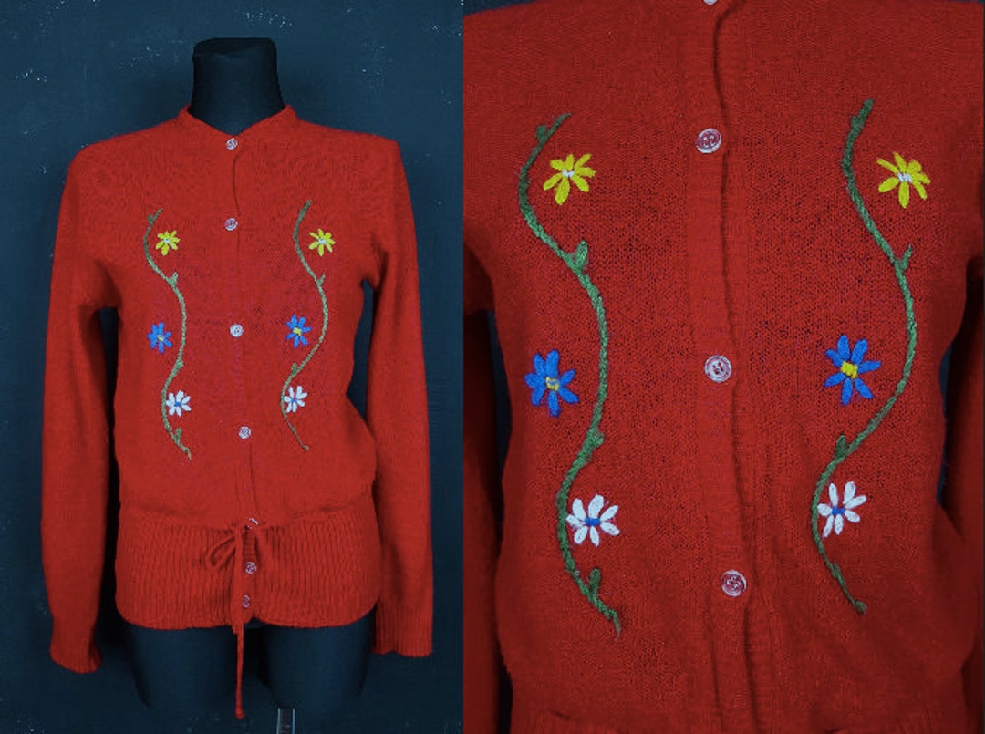 70s Embroidered Red Wool CARDIGAN Flower Delicate Drawstring France ...