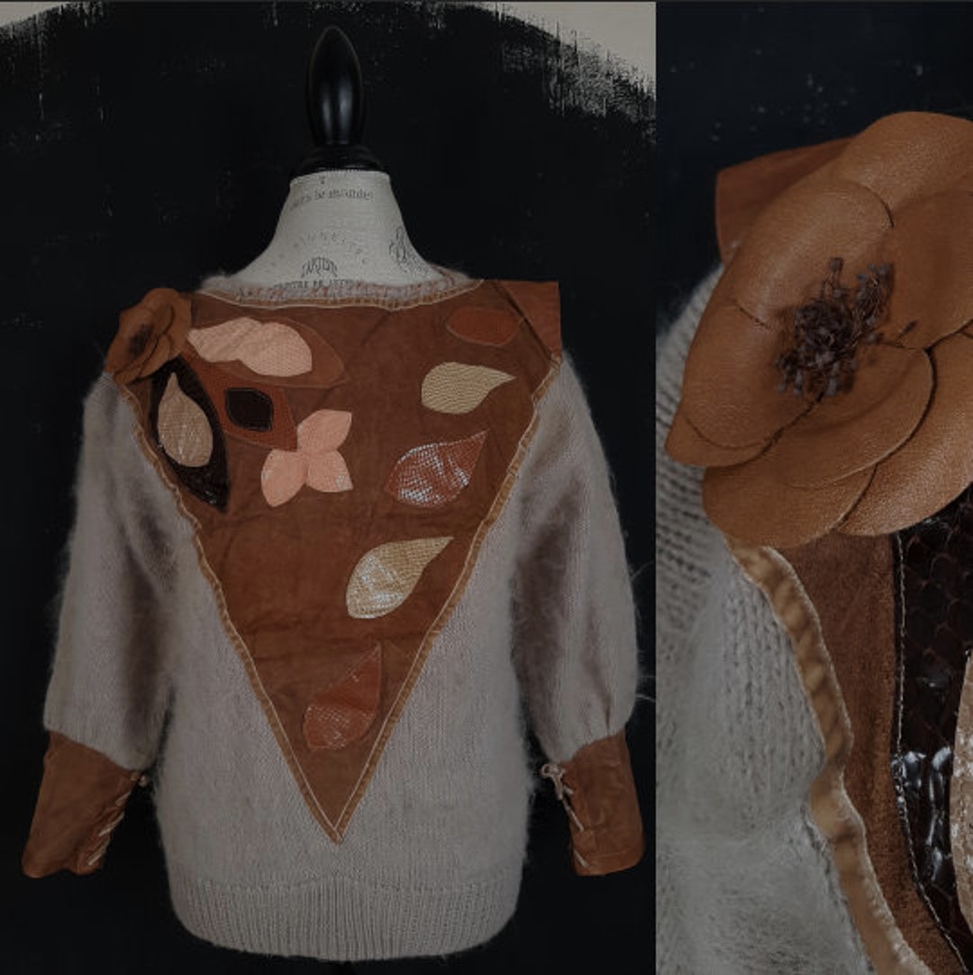 90s Leather Patchwork Flower Mohair Piton Snake JUMPER Sweater Knitted ...