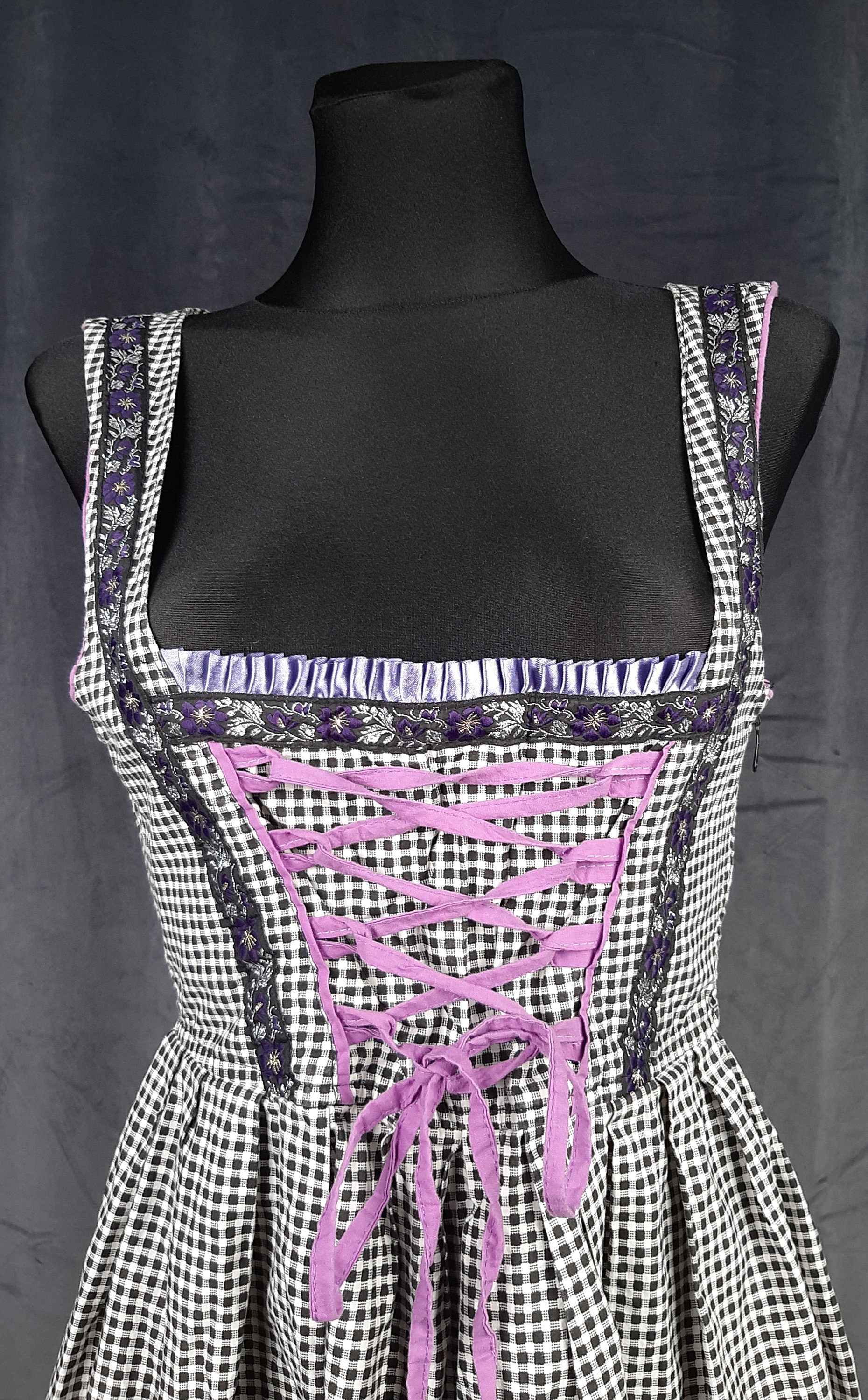 90s Trachtenpoint Dirndl DRESS Black Pink Purple Gingham Ribbon Flower ...