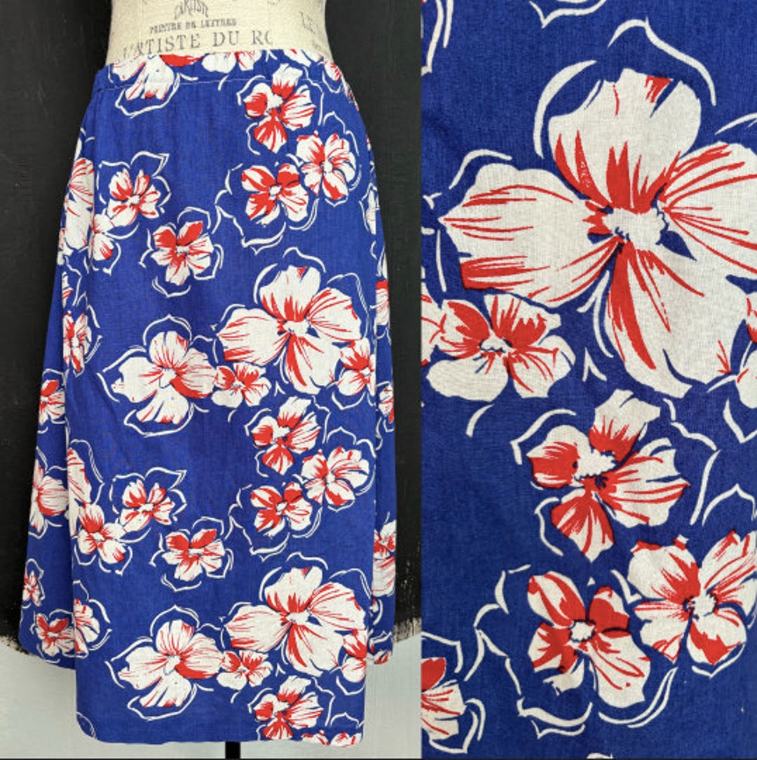 70s Red Blue Flower Cotton France French SKIRT Summer Seventies Vintage ...