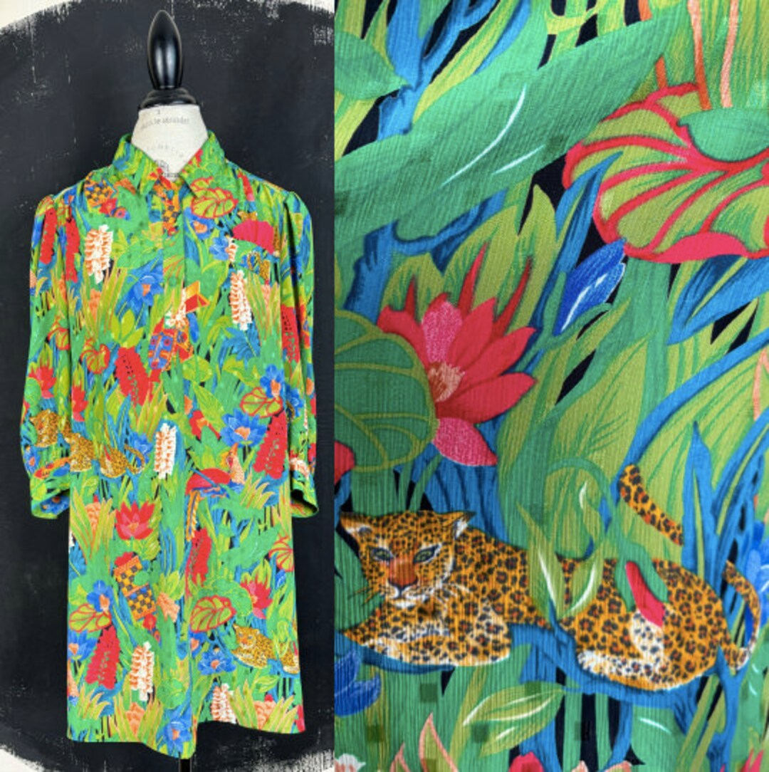 80s French Paris Leopard Jungle Bird Flower DRESS Blue Green Red Leaves ...