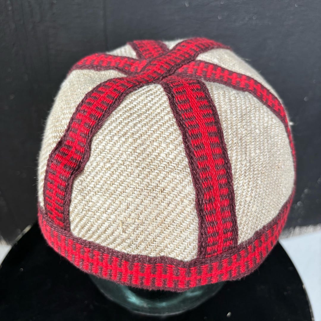 70s Finland Scandinavian Linen Ethnic Traditional Costume HAT Red Grey ...