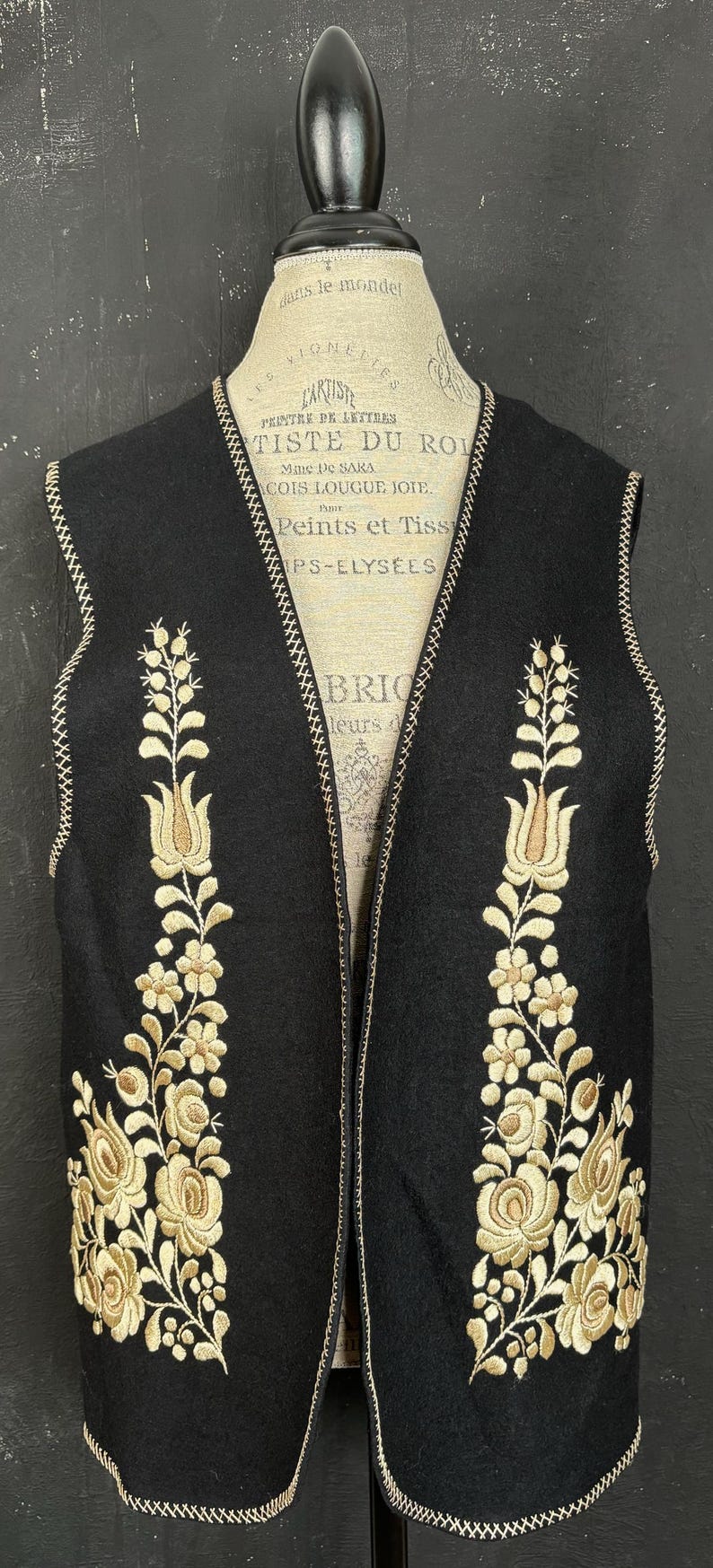 70s Hungarian Matyo Kalosca VEST Black Beige Hand Embroidered Flowers ...