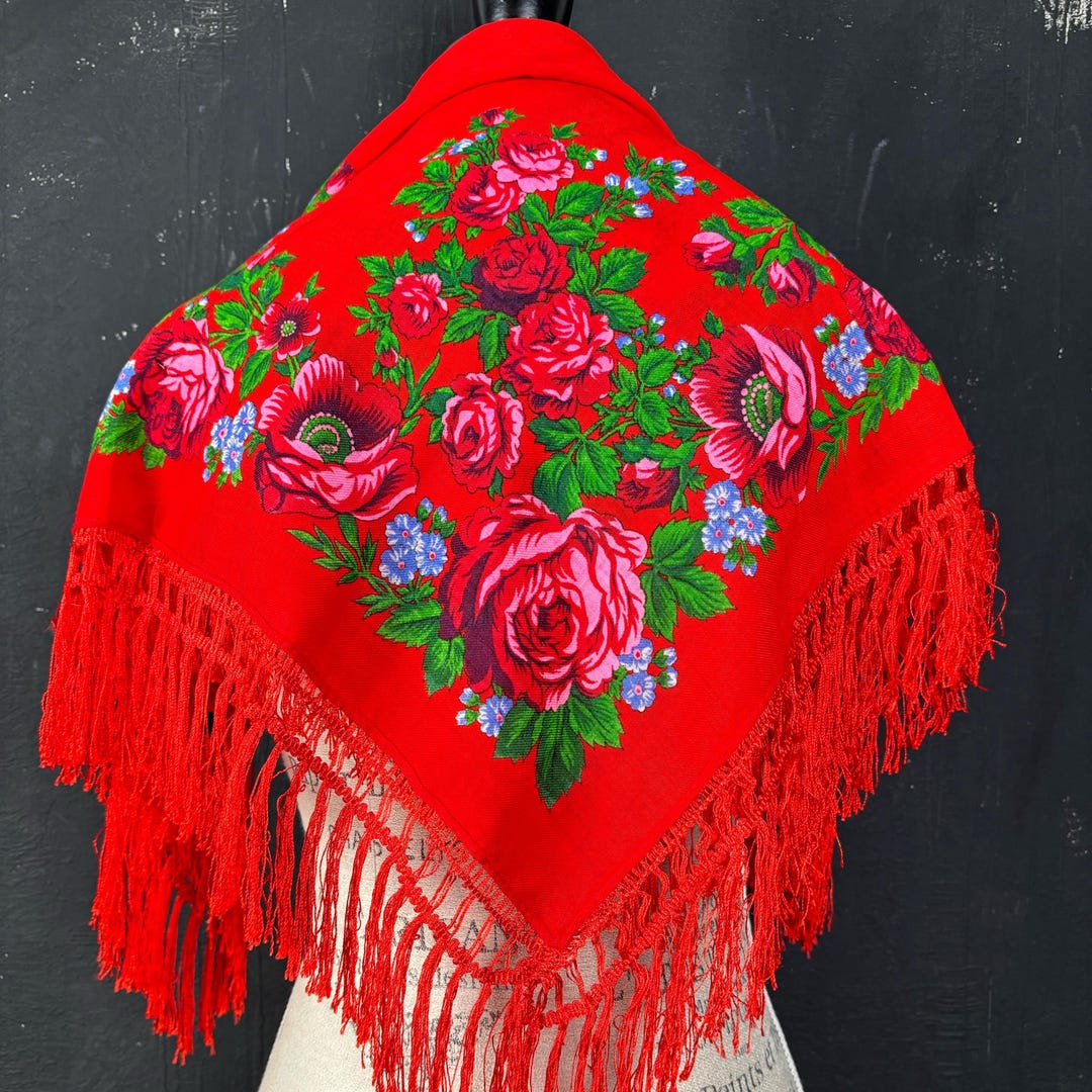 Vintage Red Wool Rose Scandinavian SCARF Sweden Swedish National Ethnic ...
