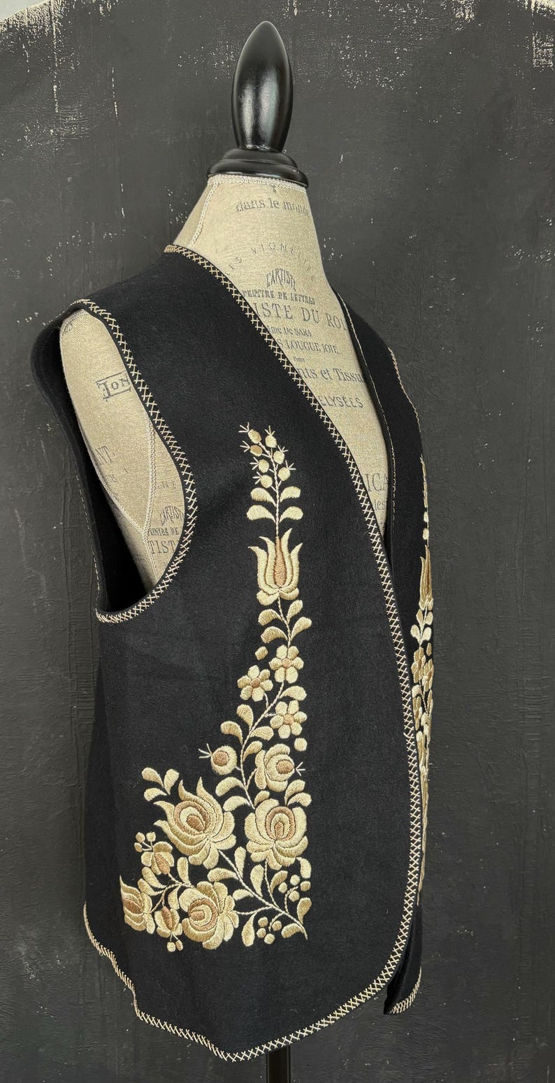 70s Hungarian Matyo Kalosca VEST Black Beige Hand Embroidered Flowers ...
