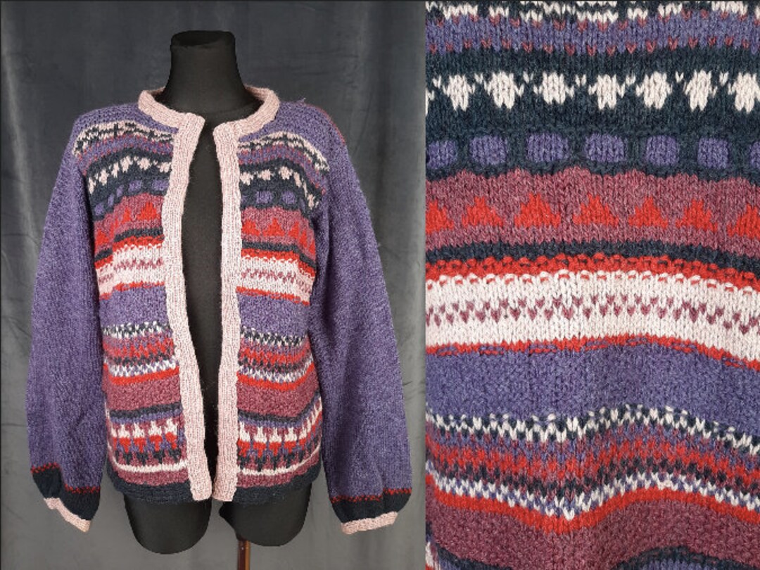 80s Scandinavian Wool CARDIGAN Hand Knitted Purple Bright Red - Etsy