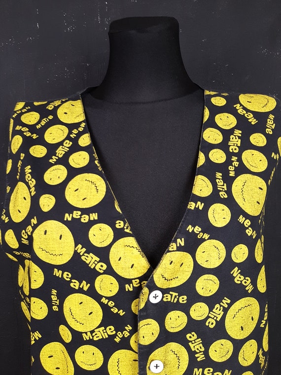 90s smile emoji VEST vintage yellow black fun party n… - Gem