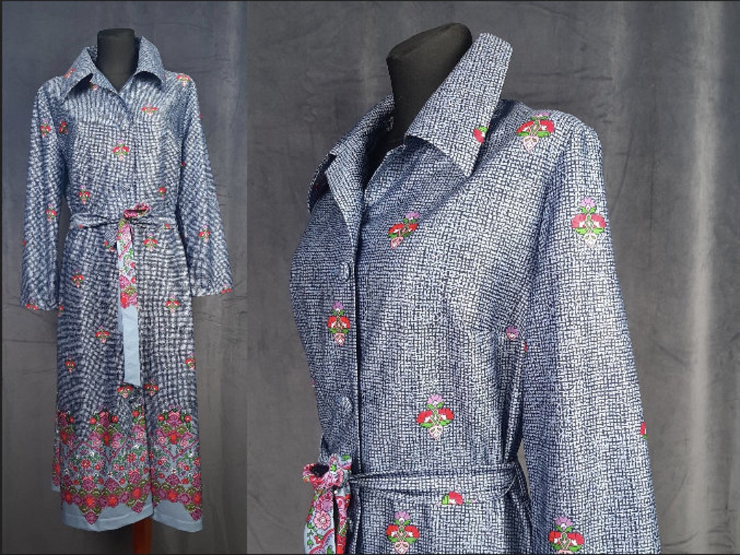 80s German Flower DRESS Floral Pink Purple Blu Grey House Print Vintage ...
