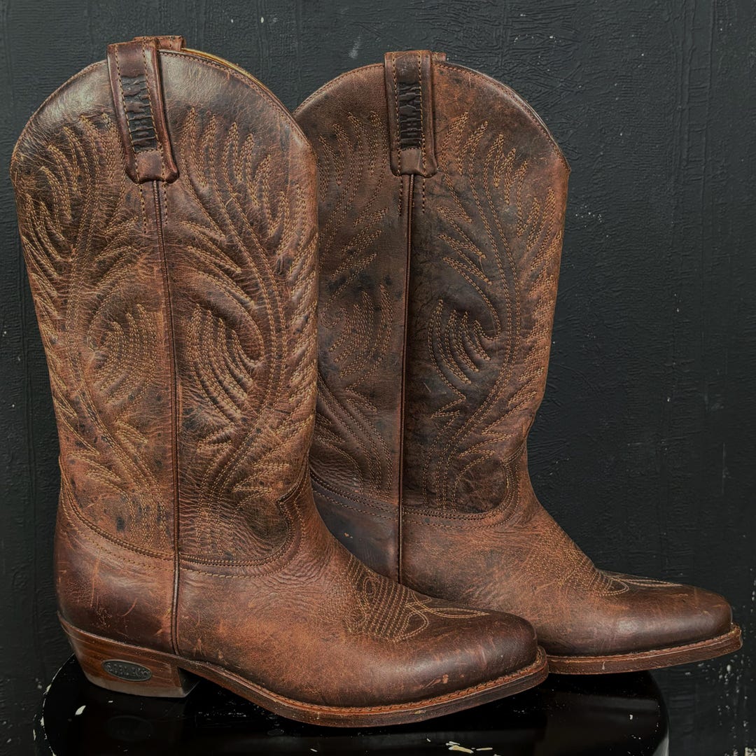 Vintage Loblan Cowboy Etched Leather Country BOOTS Boho 38 US 7.5 - Etsy