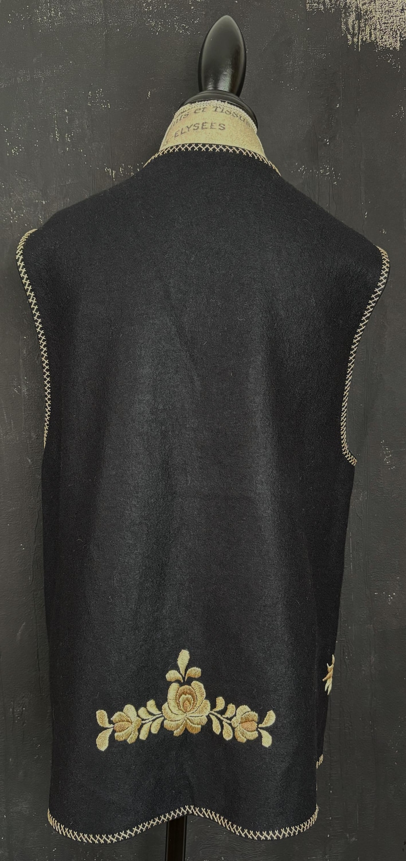 70s Hungarian Matyo Kalosca VEST Black Beige Hand Embroidered Flowers ...