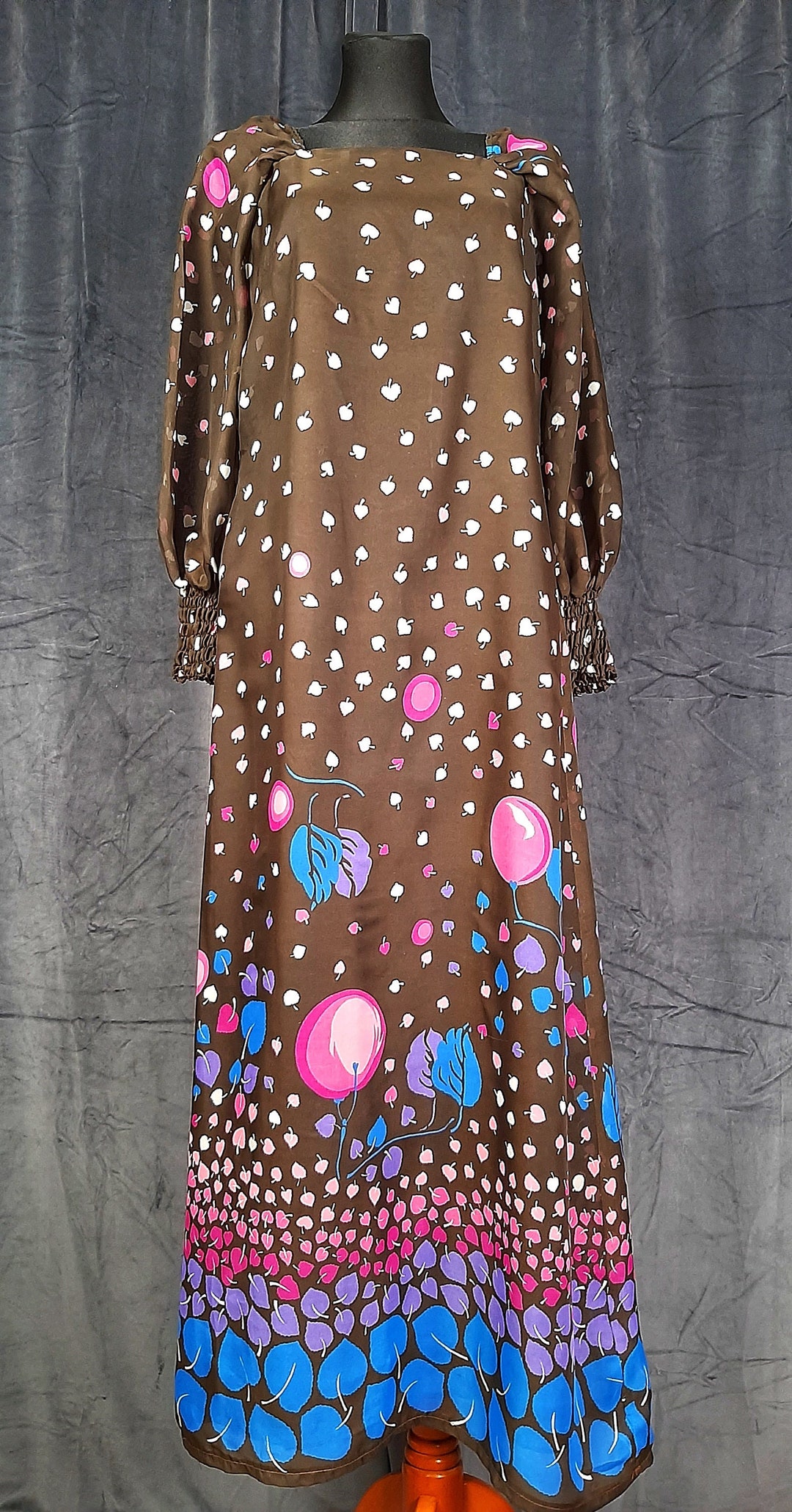 70s Cherry Scandinavian DRESS Finland Berry Pink Brown Leaf Leaves Blue ...