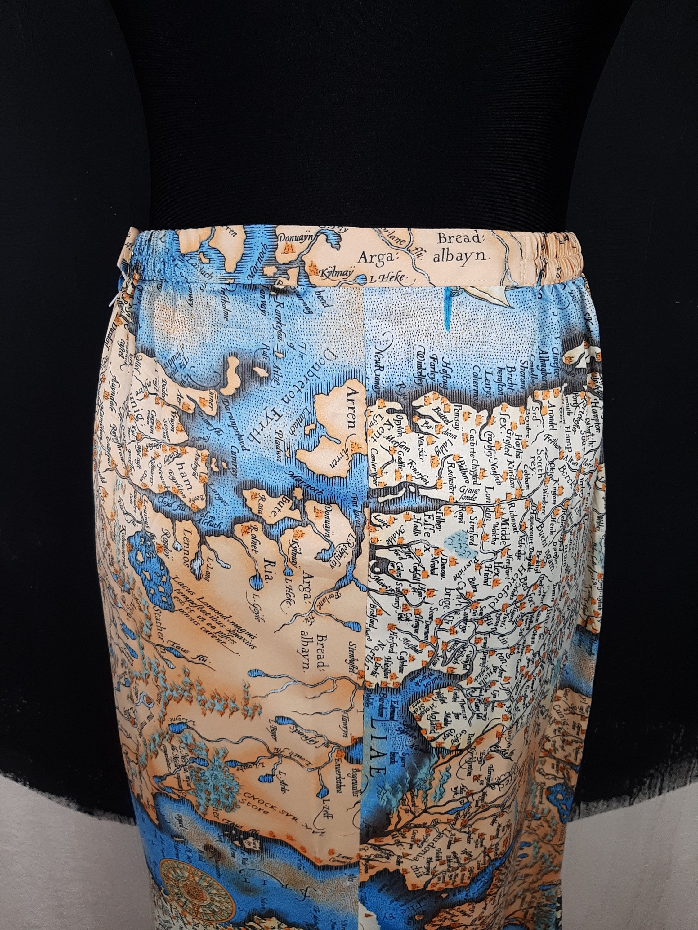Vintage 80s Nautical Map Print Skirt - Blue & Beige Sailing Ship ...