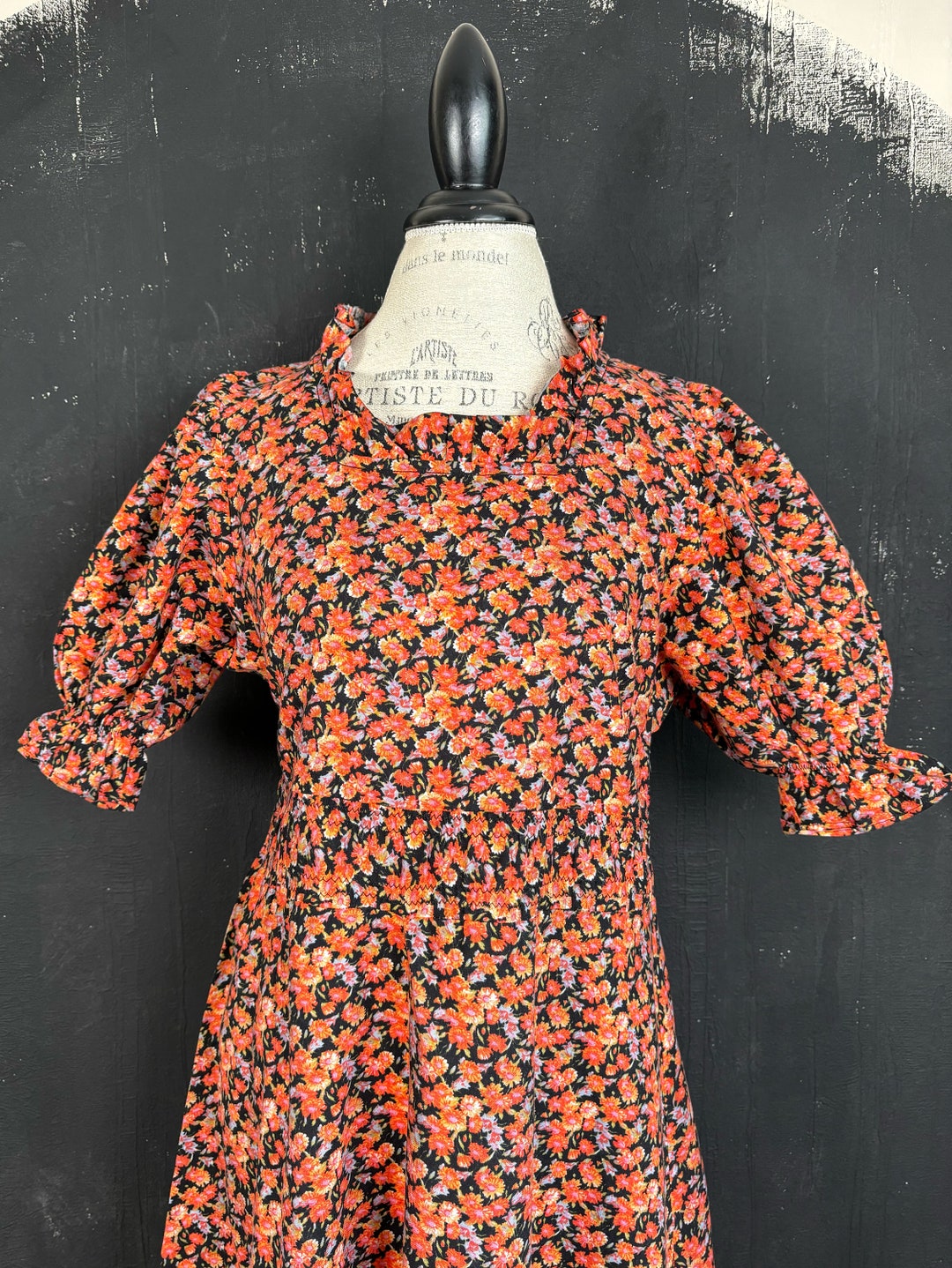 Vestido francés estilo prado de los años 70: negro y rojo, mangas ...
