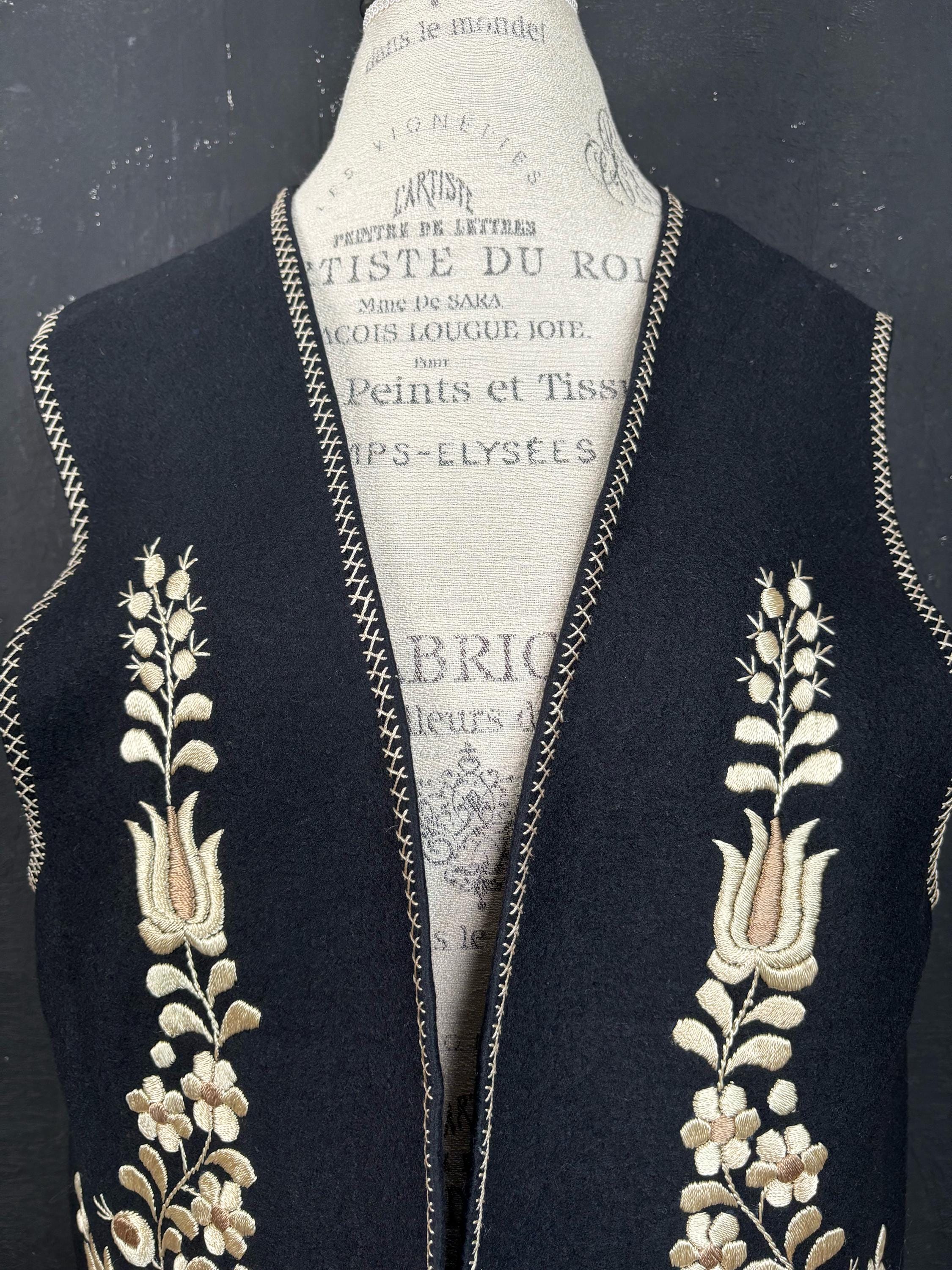 70s Hungarian Matyo Kalosca VEST Black Beige Hand Embroidered Flowers ...