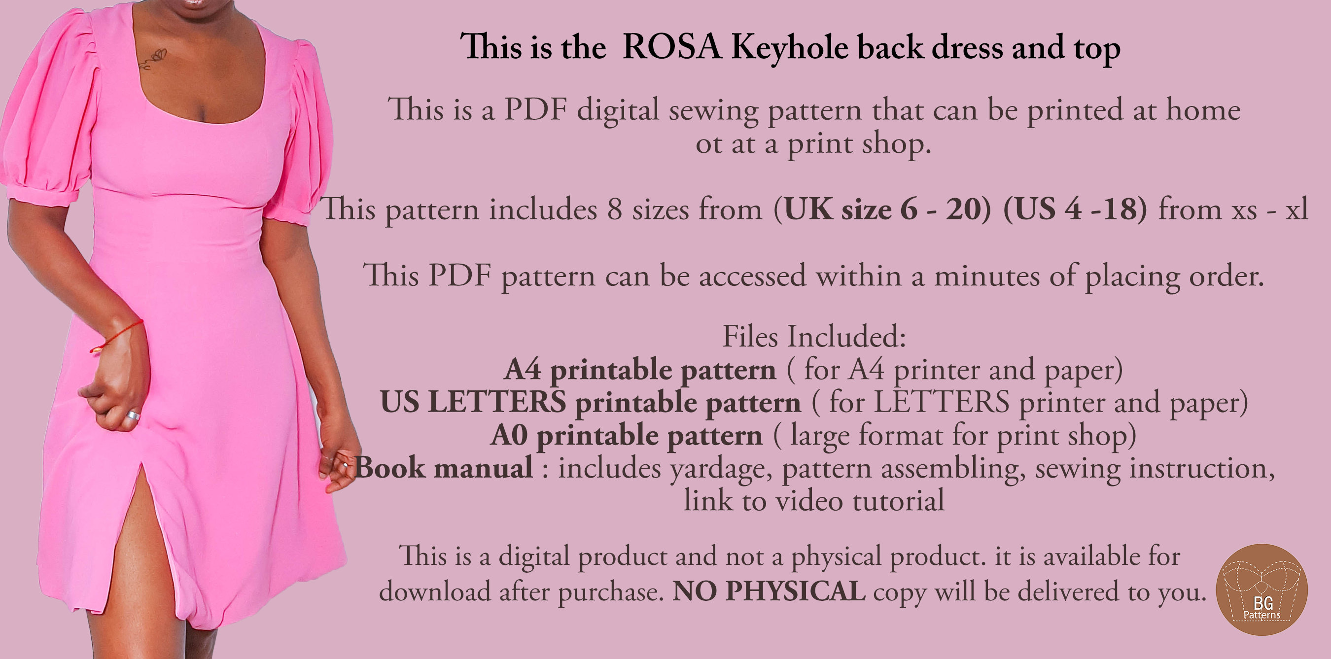 ROSA Keyhole Back Dress and Top Sewing Pdf Digital Pattern, Open Back ...
